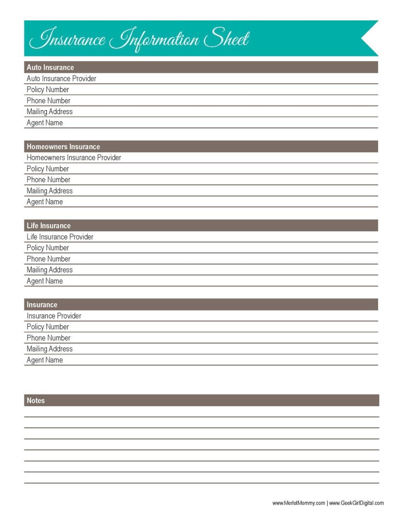 30 Days of Free Printables: Insurance Information Sheet » Whisky + Sunshine