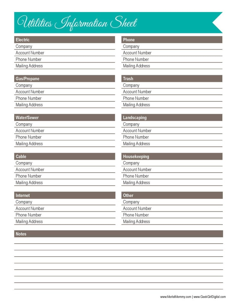 30 Days of Free Printables: Utilities Information Sheet » Whisky + Sunshine